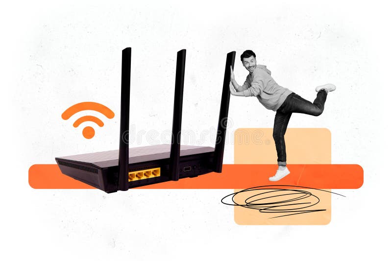 Creative Collage Image Young Man Wifi Router Broadcast Hotspot Digital ...