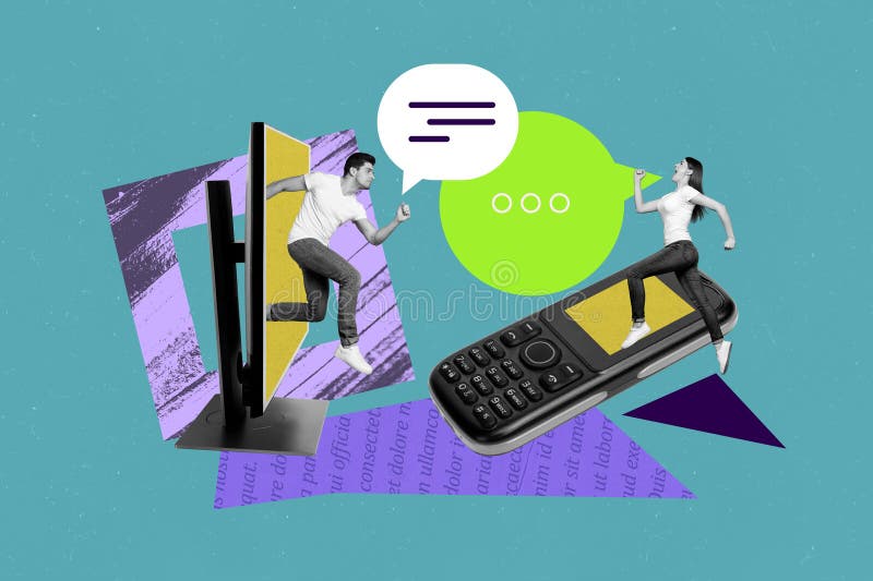 Creative Collage Image Young Running Man Woman Cell Phone Computer ...