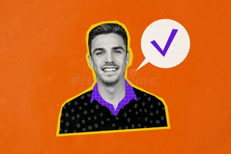 Creative Collage Image Young Smiling Man Checkmark Tick Textbox Phrase ...