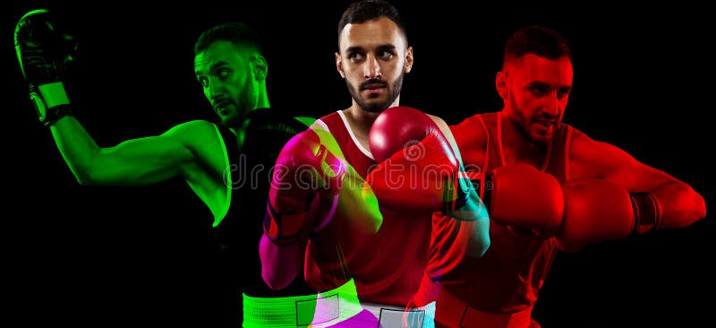 Creative Collage of Man, Professional Boxer Training Isolated Over ...