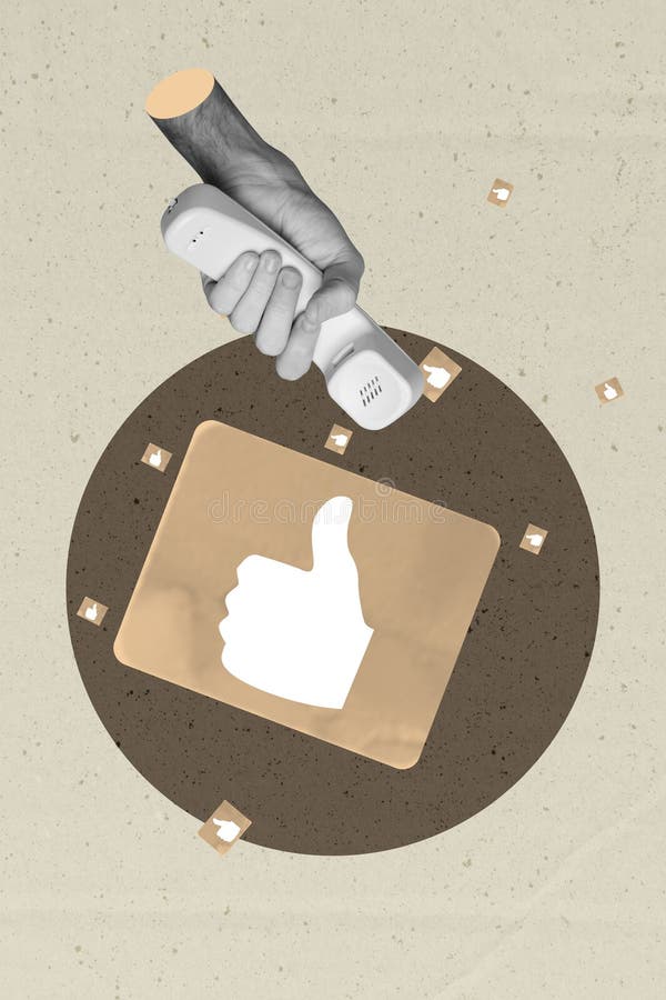Creative Collage Metaphor of Big Like Button Under Hand Hold Retro ...