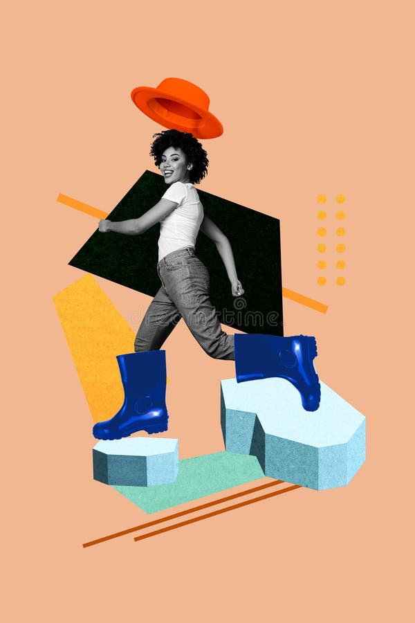 Creative Collage of Person Run Stand on Ice Cube on Orange Color ...