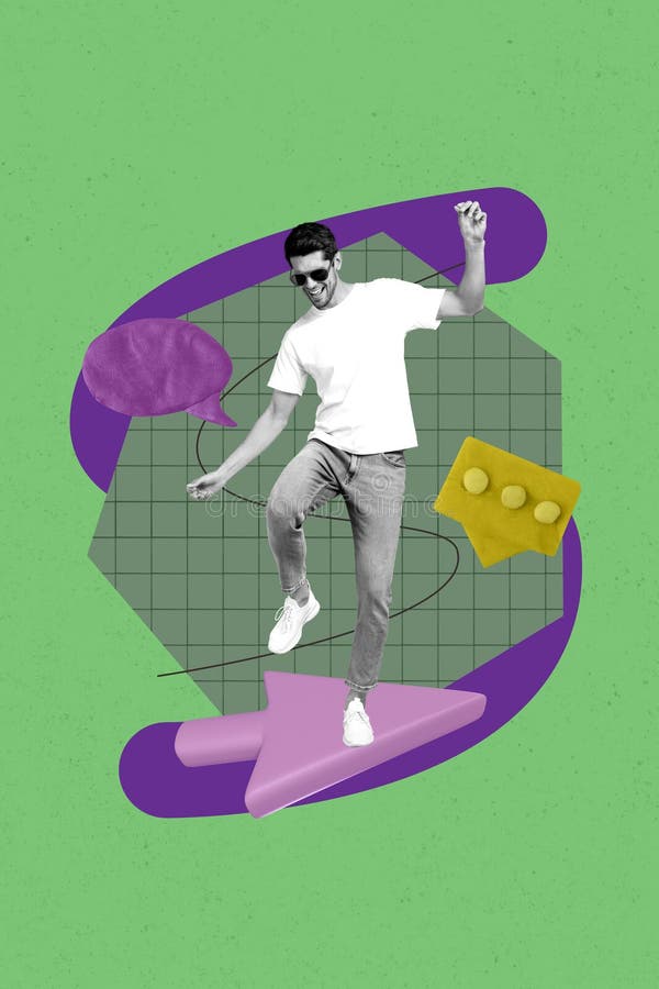 Creative Collage of Person Stand Cursor Speech Bubble on Green Color Background Stock ...