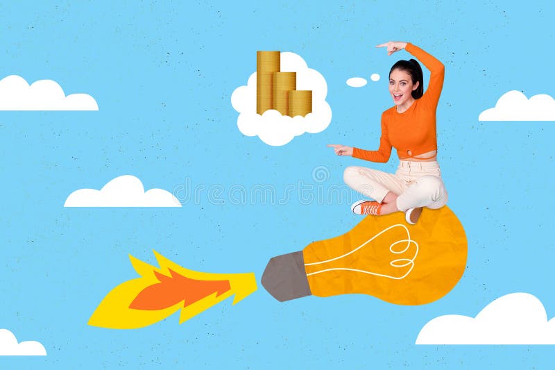 Creative Collage Picture Of Excited Mini Girl Sit Big Flying Light Bulb