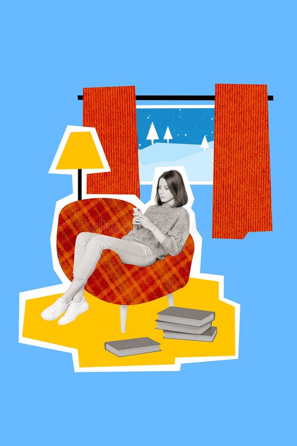 Creative Collage Picture Image of Lady Sitting in Warm Comfy Flat Using ...