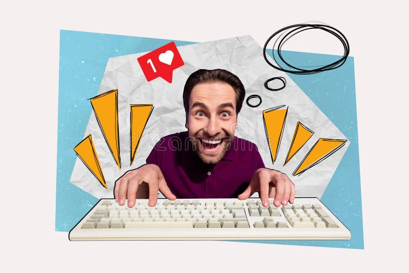 Creative Collage Picture of Positive Impressed Guy Keyboard Typing ...