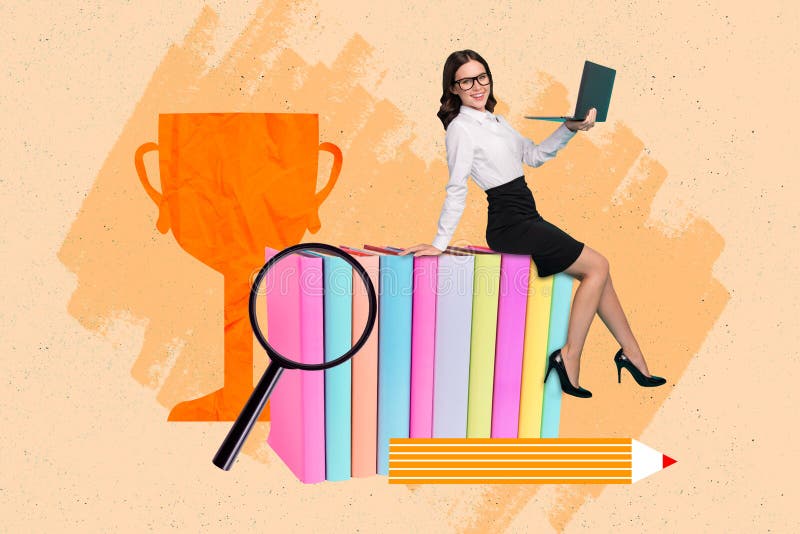 Creative Collage Picture Of Positive Mini Girl Sit Huge Book Use