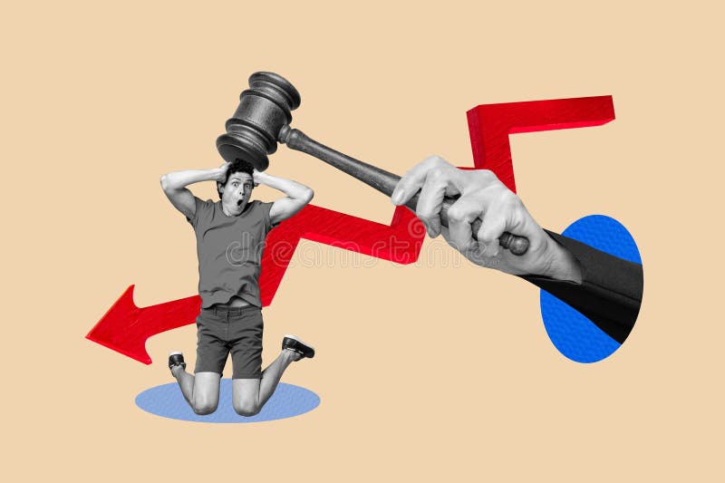 Creative Collage Picture Young Frustrated Man Hammer Strike Force Decrease Recession Arrow ...