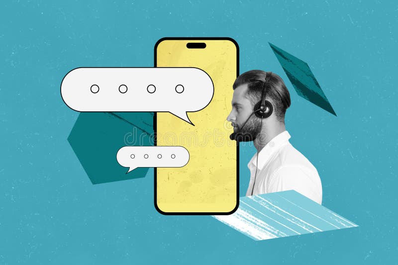 Creative Collage Picture Young Man Customer Support Smartphone Digital ...