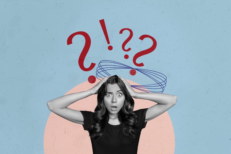 Creative Collage Picture Young Questioned Woman Confused Dilemma Ask ...