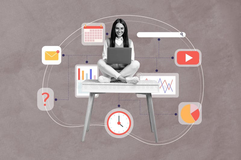 Creative Collage Picture Young Sitting Lady Entrepreneur Freelancer Table Clock Arrangement Task ...