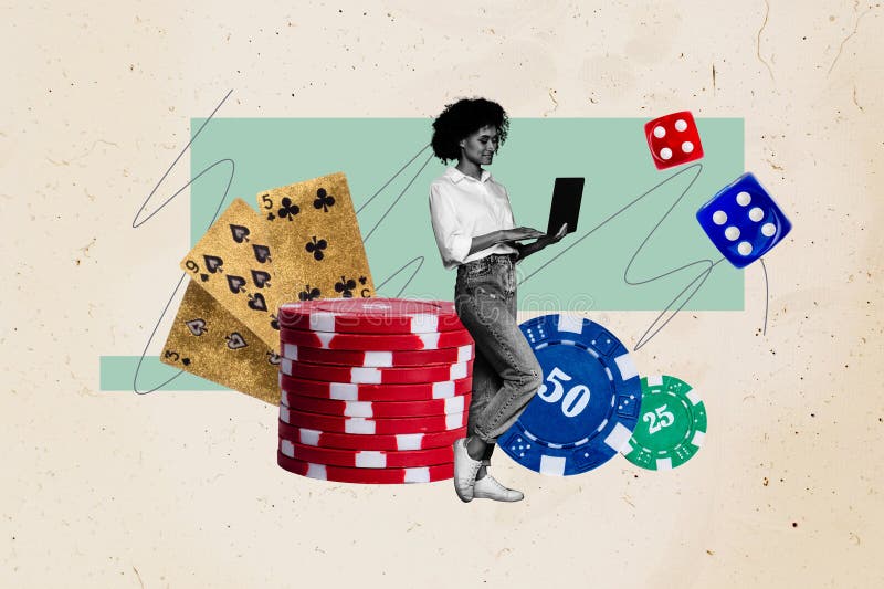 Creative Collage Picture Young Woman Laptop Browsing Web Fortune Luck ...