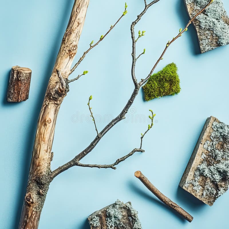 Creative Collage with Spring Tree Branches and Leaves on Blue ...