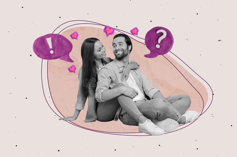 Creative Collage Of Two Young Lovers Dating Sitting Idyllic Dialogue