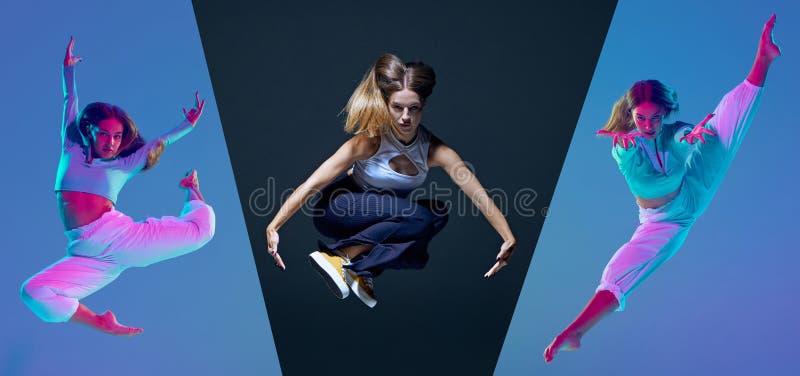 Creative Collage. Young Beautiful Woman in Stylish Clothes Making ...