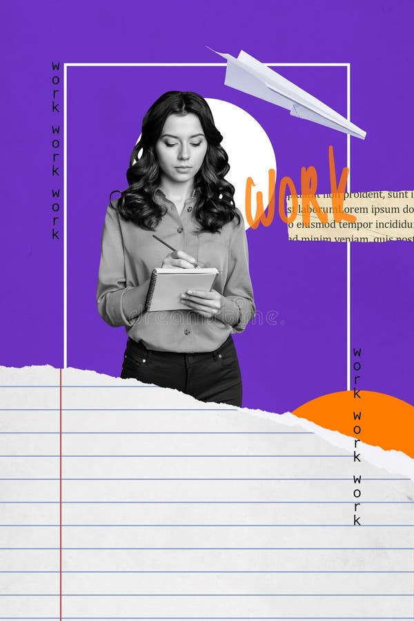 Creative Collage of Young Business Lady Write Down Work Plane on Purple ...