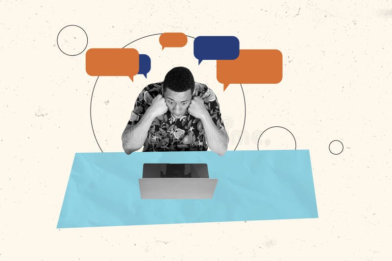 Creative Collage Young Man Clueless Sitting Workspace Computer Laptop ...