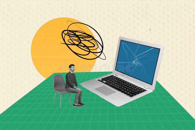 Creative Collage Young Man Sit Laptop Remote Job Work Digital Device ...