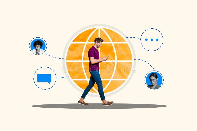 Creative Collage Young Man Walk World Browser Internet Connection ...