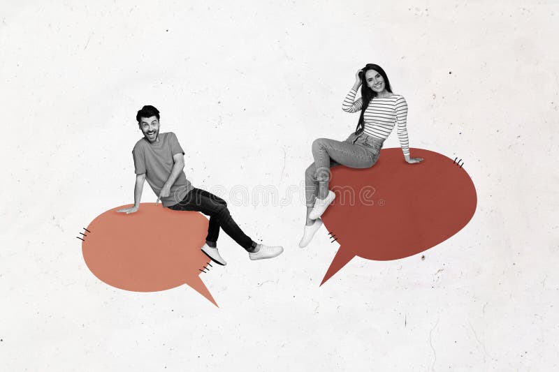 Creative Collage Young Man Woman Sitting Textbox Bubbles Empty Space ...