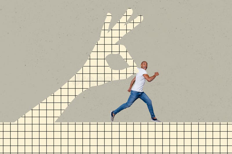 Creative Collage Young Running Scared Man Huge Human Arm Holding Catch ...