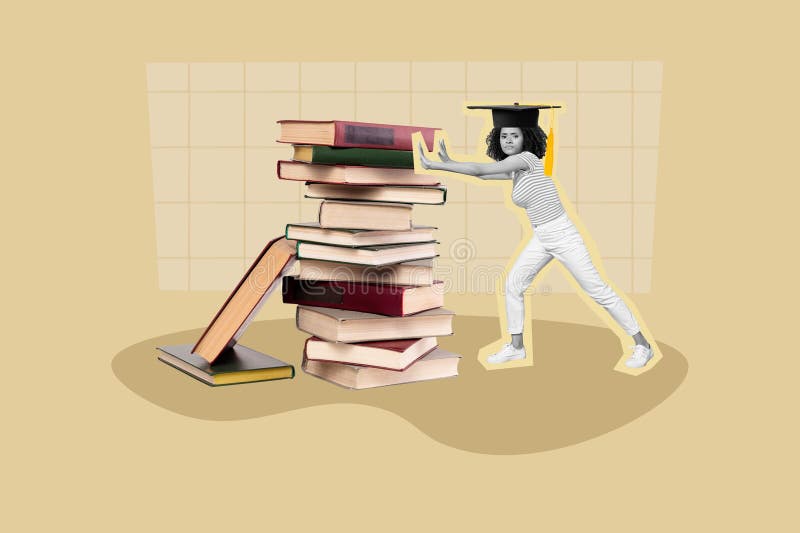 Creative Collage of Young Student Female Pushing Big Book Stack Working ...