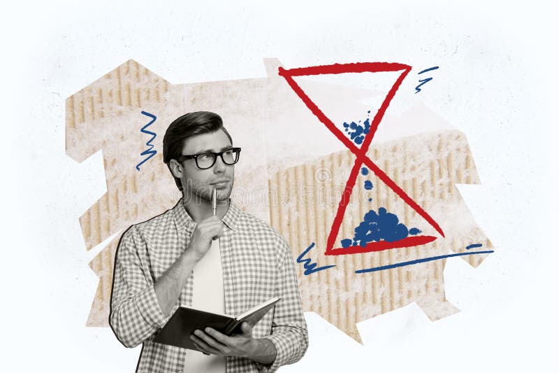 Creative Collage Young Thoughtful Man Decide Unsure Doubts Sandwatch ...