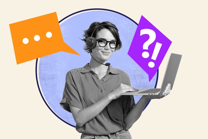 Creative Collage Young Woman Specialist Laptop Browsing Customer ...