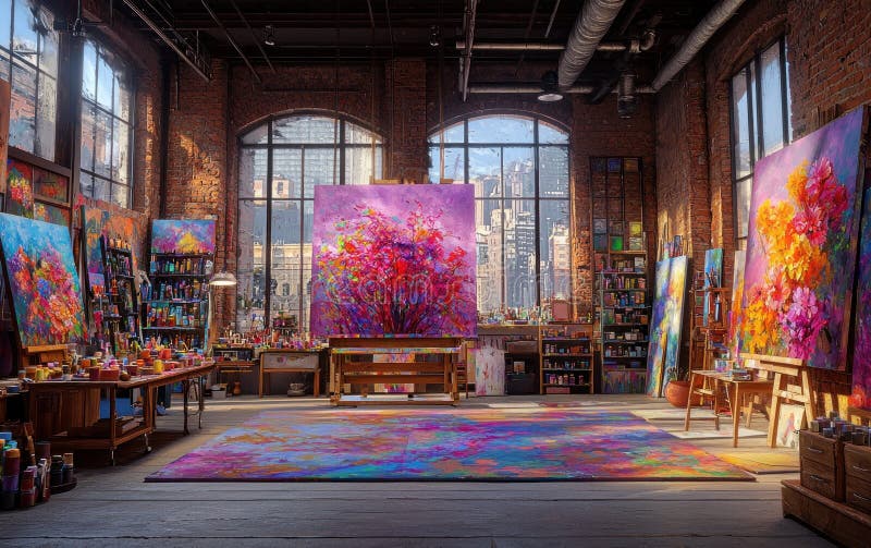 Bright and Colorful Art Studio with Large Windows and Artwork on ...