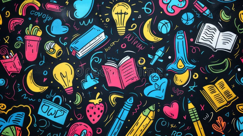 Colorful Doodle Background with Books, Lightbulbs, Rockets, and ...