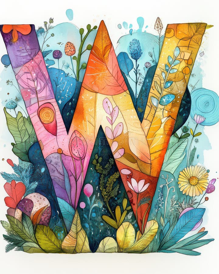 Whimsical Floral Letter W Collage Art with Nature-Inspired Abstract ...