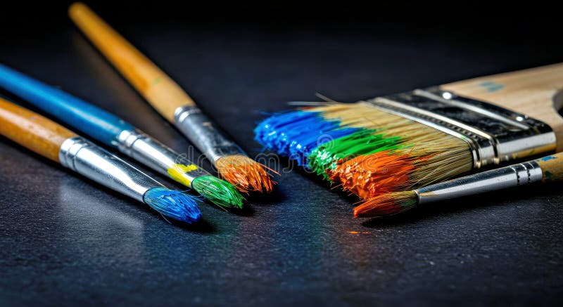 Creative Colorful Paintbrushes with Paint Marks on a Deep Background ...