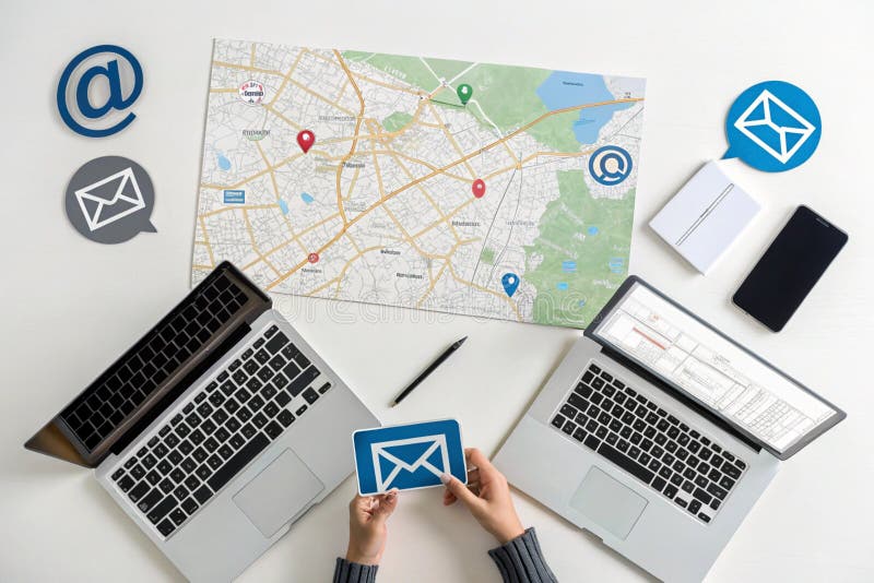 Communication Collage with Map Mail Signs and Laptops Stock ...