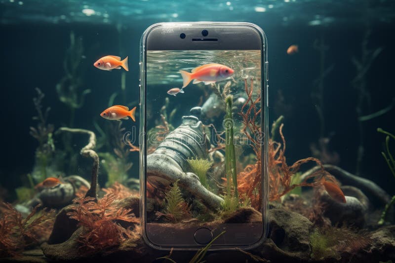 Underwater Illusion: Smartphone with Goldfish and Aquatic Plants Stock ...