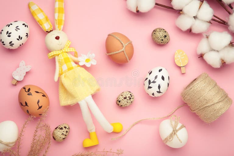Creative Composition with Cute Easter Bunny Rabbit and Egg on Pink ...