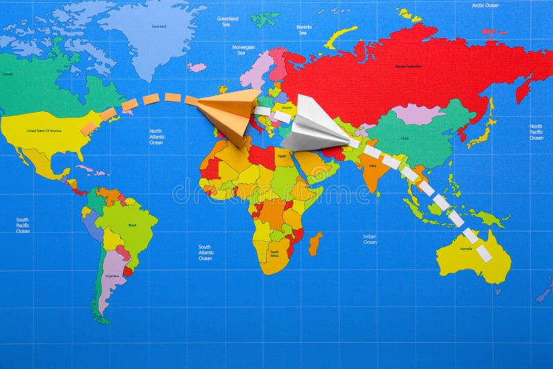 Creative Composition with Designated Routes on World Map Stock Photo ...