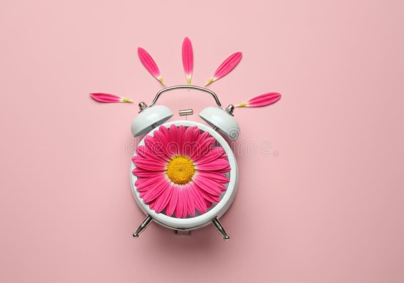 Alarm Clock with a Pink Flower, Symbolizing Time and Beauty Stock ...