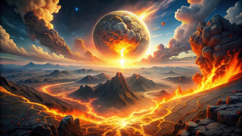 Fiery Volcanic Landscape with Exploding Celestial Body and Lava Flows ...