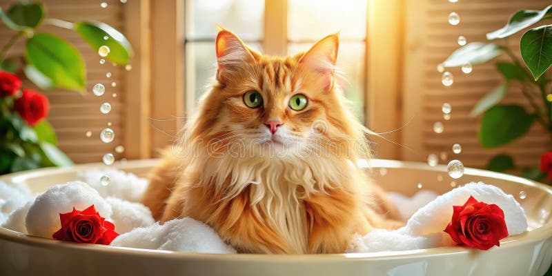 Fluffy Ginger Cat Luxuriating in a Bubbly Bath Surrounded by Roses and ...