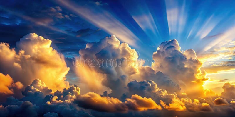 Golden Hour Cumulus Cloudscape Dramatic Sunset Rays Breaking through Dense Cloud Formations ...