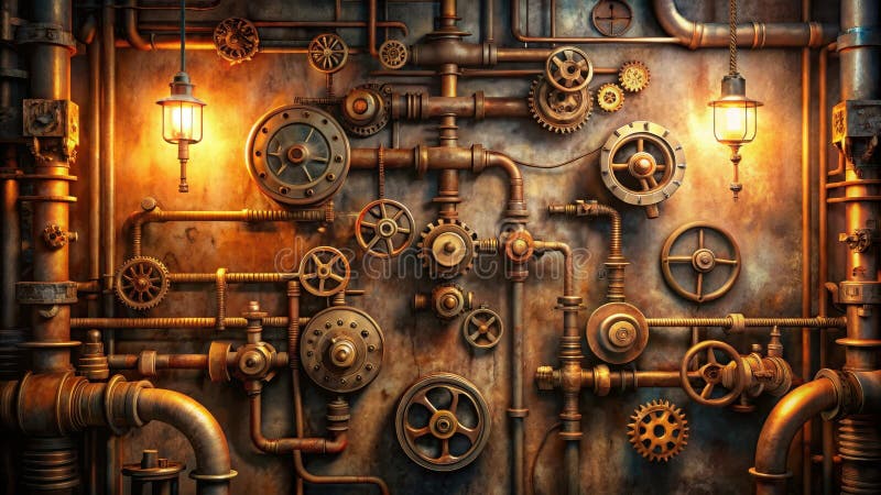 Intricate Steampunk-inspired Mechanical Wall Art Featuring Gears, Pipes, and Illuminated ...