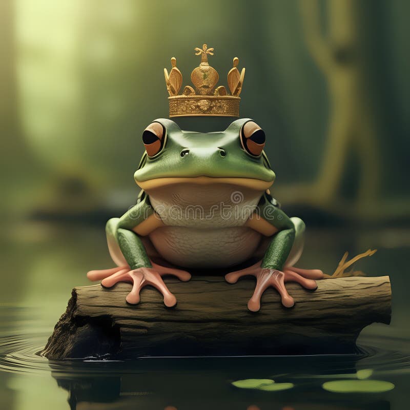 A Creative Composition of a Frog Wearing a Crown Sitting on a Log in a ...