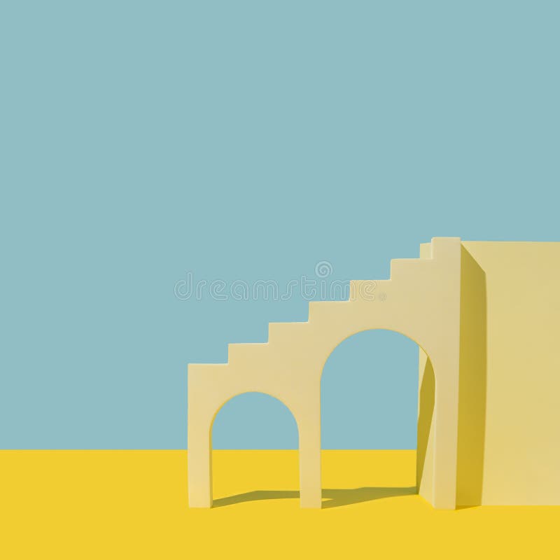 Creative Composition of Geometric Shapes, Arch with Stairs, on Yellow ...
