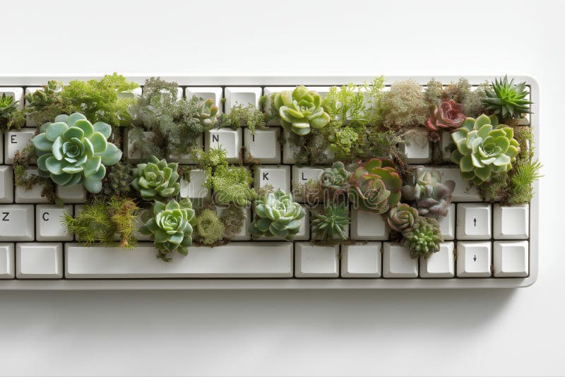 Creative Composition of Green Succulents on a Modern Keyboard, Representing Green Tech ...