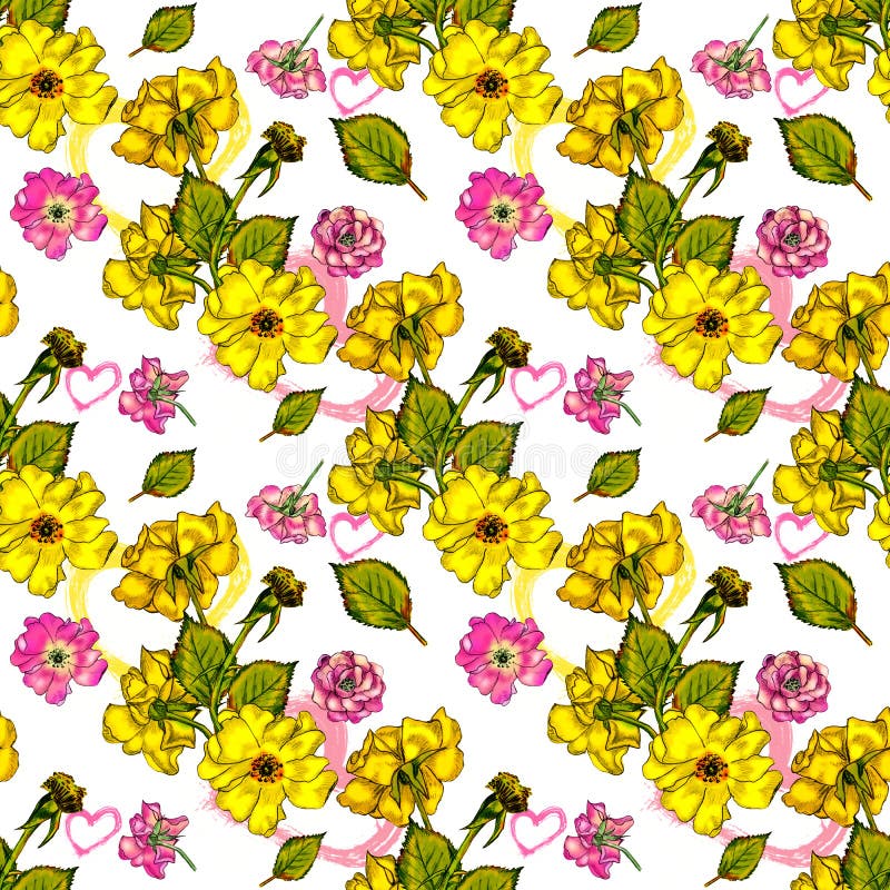 Illustration with the Image of Garden Roses and Hearts. Spring-summer ...