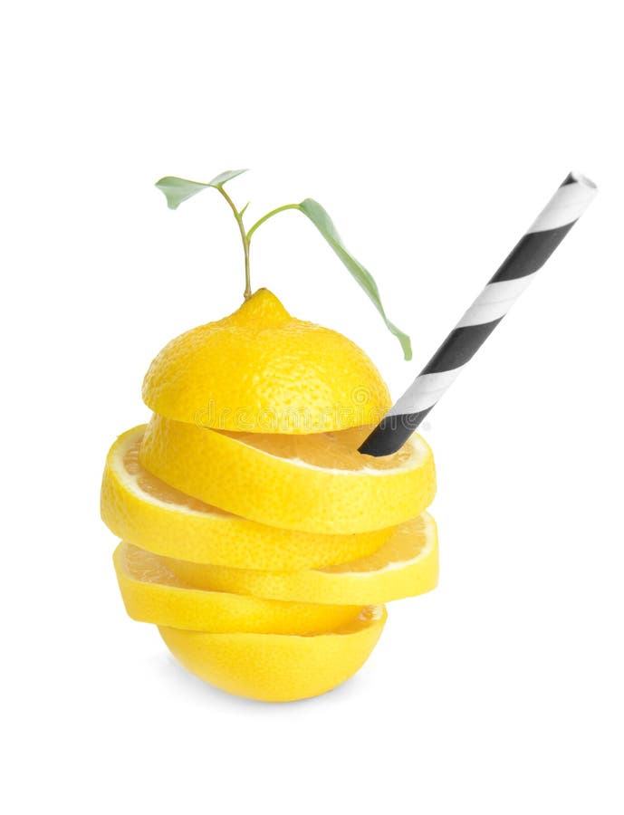Creative Composition with Lemon Slices and Straw on White Background ...