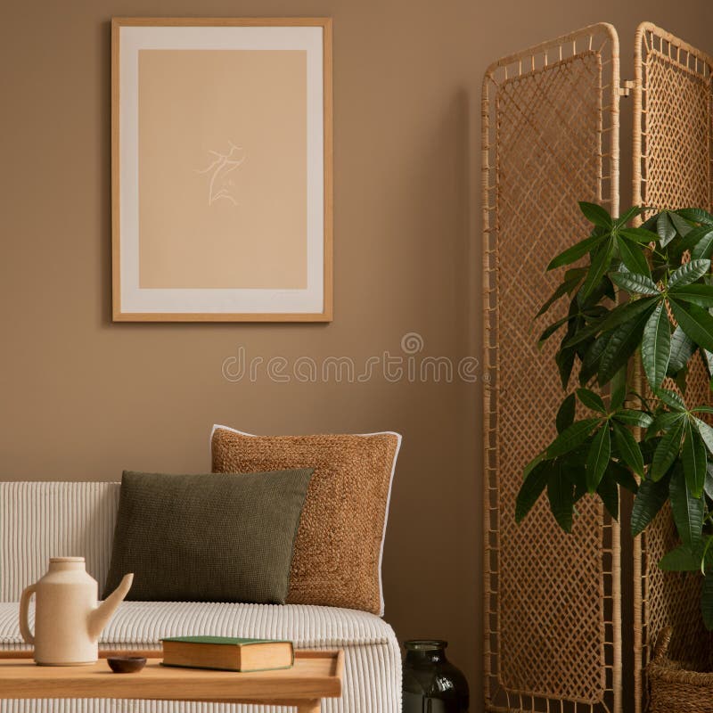 Creative Composition of Living Room Interior with Mock Up Poster Frame ...