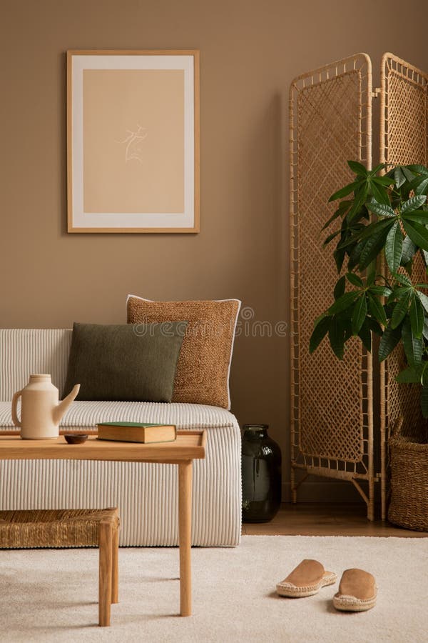 Creative Composition of Living Room Interior with Mock Up Poster Frame ...