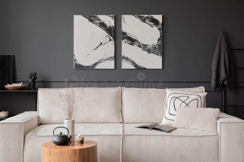 Creative Composition of Living Room Interior with Mock Up Poster Frame ...