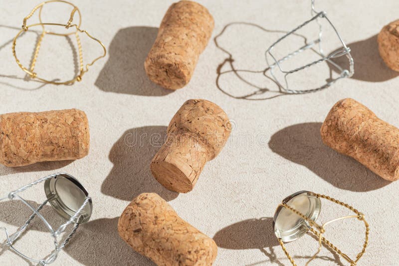 Creative Composition Made of Champagne Corks on Beige Sunlit Background ...